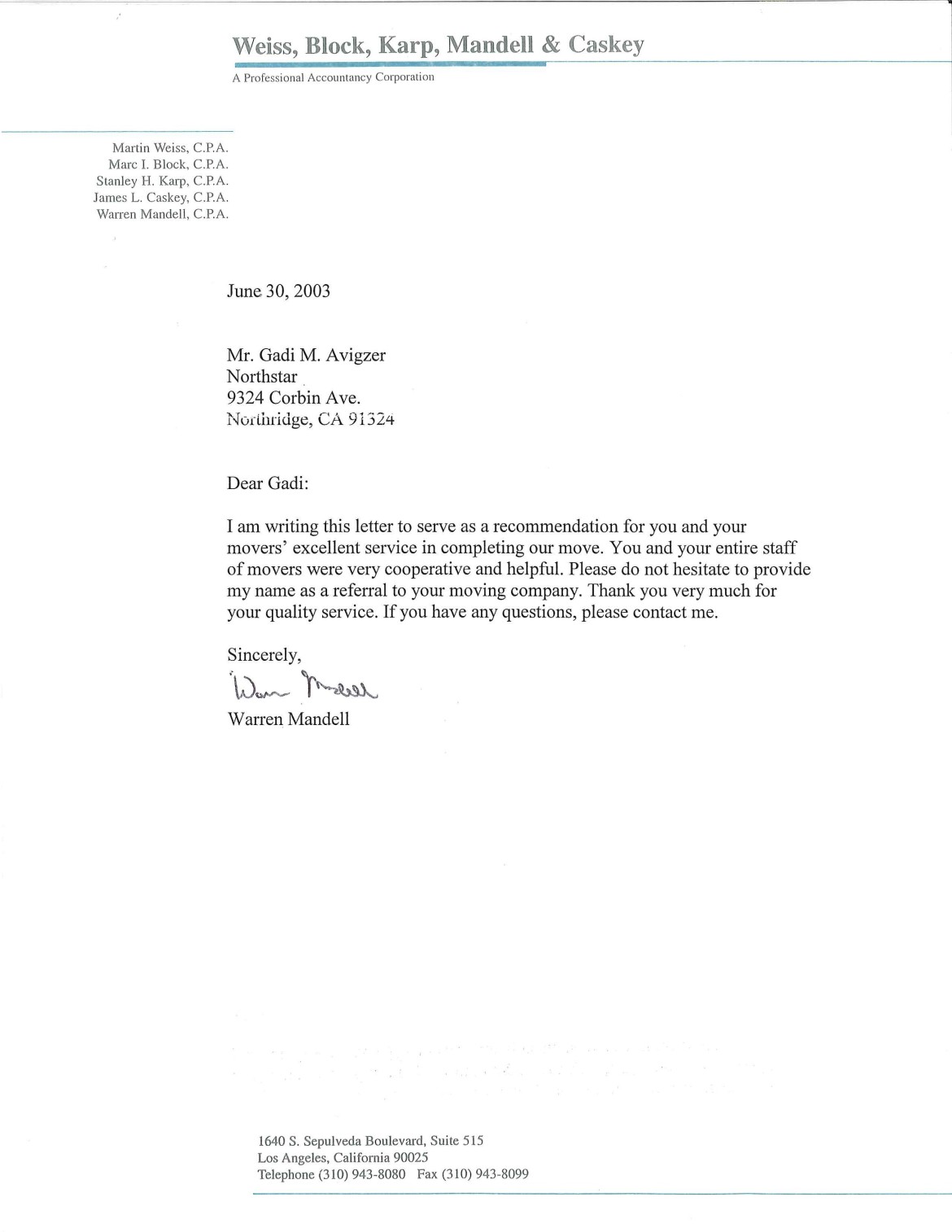Review by Weiss, Block, Karp, Mandell & Caskey